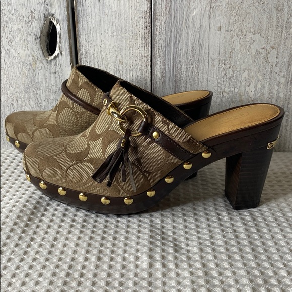 Coach | Shoes | Coach Signature Pattern Clogs Brown Leather Gold Toned ...